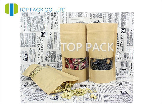 Customized Plain Tea Kraft Paper Stand Up Pouch , Clear Window Zipper
