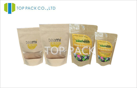 Moisture Proof Resealable Kraft Paper Bags Stand Up Food Pouches Clear Window