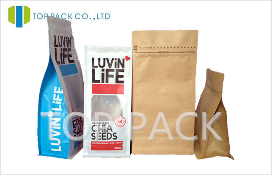 Flat Bottom Zipper Stand Up Food Pouches Kraft Paper / Plastic Materials