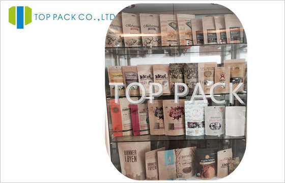 Customized Kraft Paper Stand Up Pouch For Food With Resealable Zipper