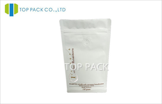 250g White Coffee Packaging Bags Flat Bottom Printed Stand Up Pouches With Valve