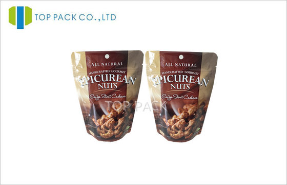 Brown Glossy Printing Plastic Stand Up Pouches Zip Top For Nuts Packaging