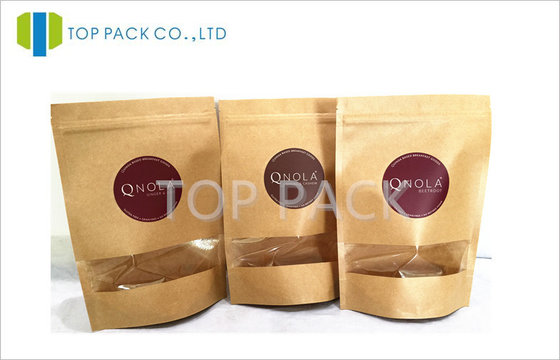 Brown Custom Printed Kraft Paper Stand Up Bag Clear Window Chocolate Zipper