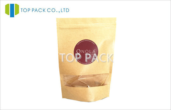 Brown Custom Printed Kraft Paper Stand Up Bag Clear Window Chocolate Zipper