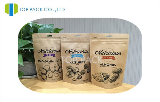 Moisture Proof Kraft Paper Stand Up Pouch , Brown Paper Food Packaging Bags