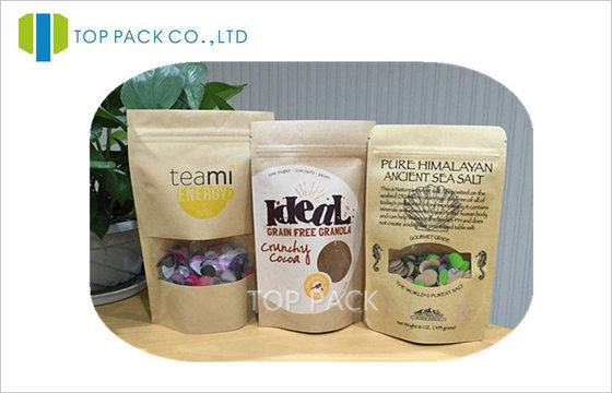 Customized Window Kraft Paper Stand Up Pouch Zip Lock For Sea Salt Packaging