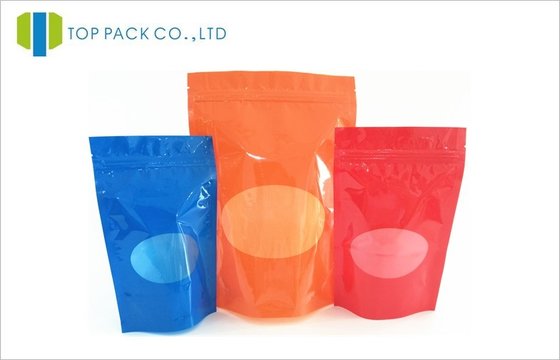 Solid Orange Print food Stand Up Pouch Packaging Oval Window
