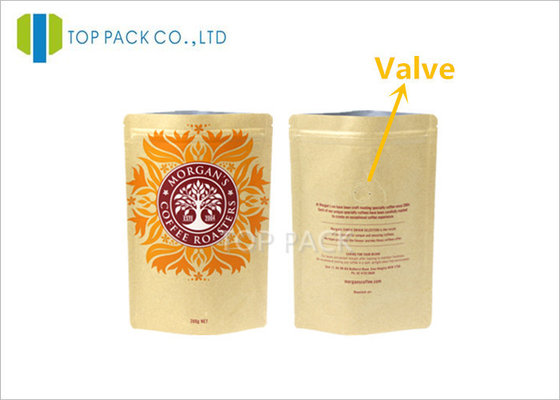 Resealable Foil Kraft Paper Stand Up Pouch / Zip Top Valve Roasted Coffee Packaging
