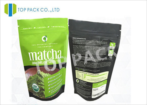 Resealable Stand Up Food Pouches , Top Zipper Matcha Tea Flexible Food Packaging