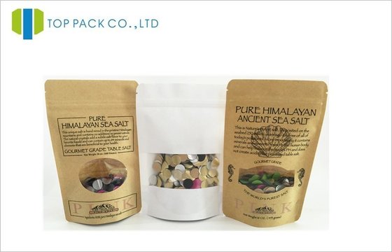 12oz Custom Gravure Print Brown Kraft Paper Stand Up Pouch Sea Salt Oval Clear Window