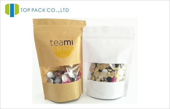250g Custom Clear Window stand up bags for food Tea , Brown Kraft Paper