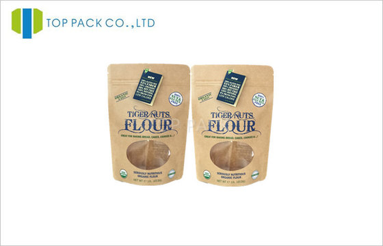 Custom Logo Stand Up Kraft Paper Bag Zip Top Clear Window Tiger Nuts Packaging