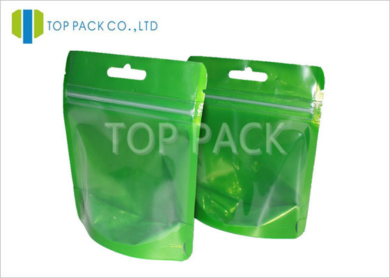 Front Clear Back Green Plastic Stand Up Pouches Zipper Hang Hole For Food