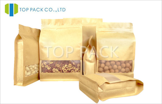 Brown Stand Up Zipper Kraft Paper Bag Flat Bottom Clear Window Pistachio Nuts