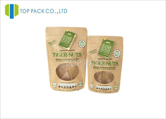 Laminated Brown stand up packaging pouches Clear Window Zipper Hang Tag