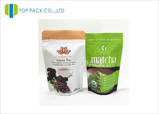 Matte Green flat pouch packaging , Zipper Matcha Tea heat seal foil bags 5oz