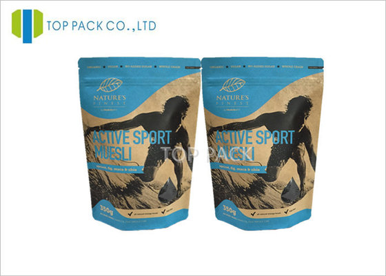 Blue Brown Kraft Paper Stand Up Pouch , 500g Muesli resealable pouch packaging