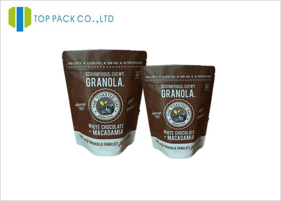 Brown Custom Stand Up Food Pouches , Zip Lock resealable food pouches Granola Packaging