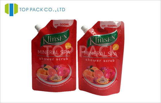 Red Block Clear Bottom spout pouch packaging For Shower Scrub