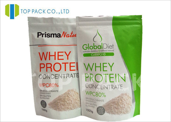 White Finished Aluminum foil pouch packaging , Stand Up Ziplock bag Protein Powder