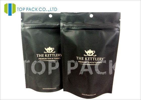 Plastic Foil Lined Top Zipper matte black stand up pouch Roasted Tea