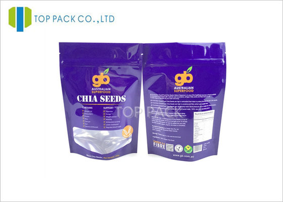 Purple Zip Top Foil Stand Up Pouches Custom Window For Chia Seeds Packaging