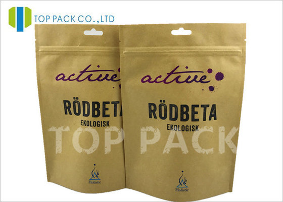 Moisture Stand Up Barrier Pouches , OEM Kraft Paper Pouches Top Zip Hang Hole