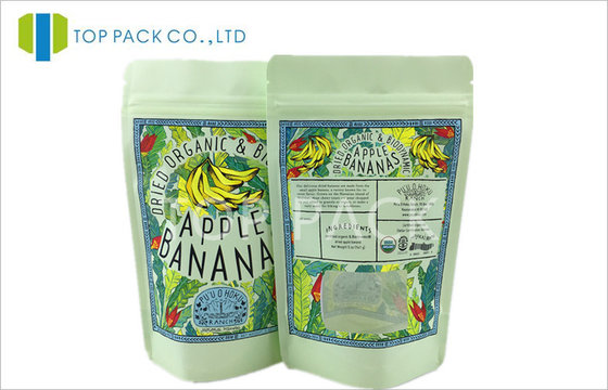 OEM Green zip pouch for food , Stand Up Kraft Paper Bag With Window For Dried Banana