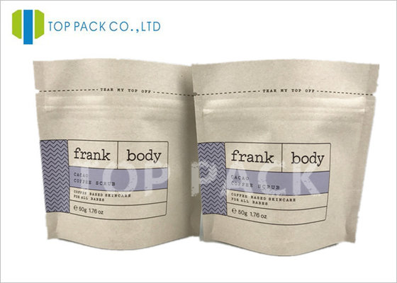 Gravaure Printed resealable Foil Stand Up Pouches Kraft Paper Top Zipper Body Scrub