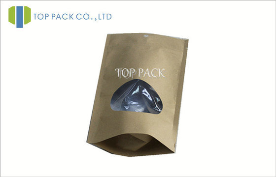 Kraft Paper Custom Stand Up Pouch For Snack , Brown Paper Window Bags