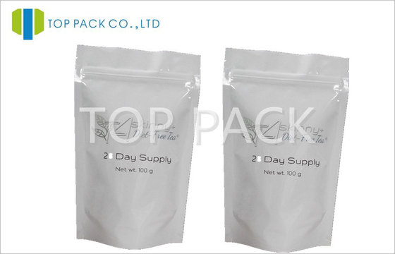 White Aluminum Foil Stand Up Pouch Resealable For Tea With Zipper