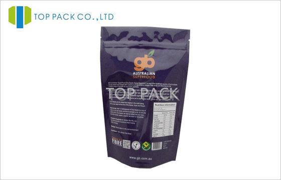 Black Foil Stand Up Pouches Chia Seeds Purple With Clear Window