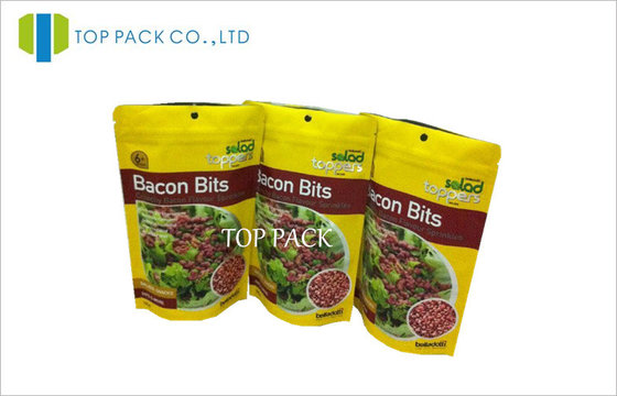Yellow MOPP / FOIL Plastic Stand Up Resealable Pouches For Bacon Bits Gravure Printing