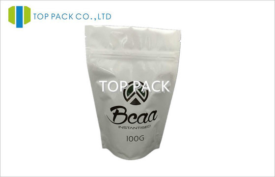 White 150 Micron Foil Stand Up Pouches For Protein Powder 100g