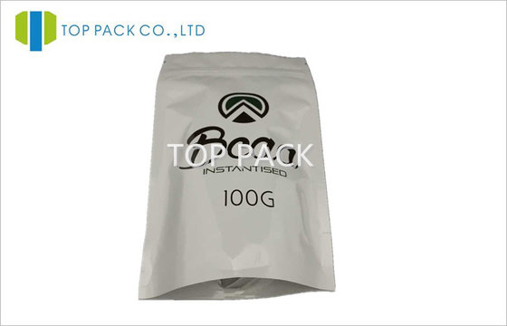 White 150 Micron Foil Stand Up Pouches For Protein Powder 100g