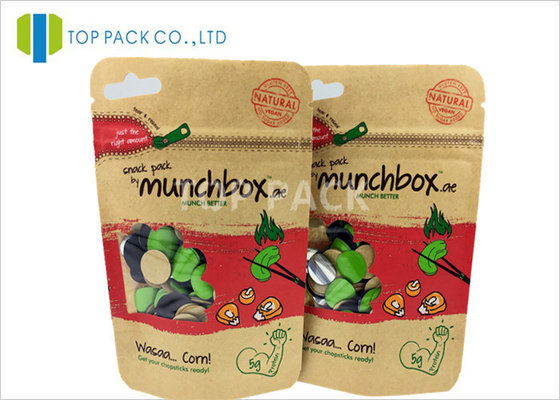 Customized 5g Kraft Paper Stand Up Pouch , Clear Front Printed Laminated Pouches Snack Pack