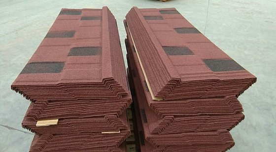 Alu - zinc (0.4mm thickness) material stone coated steel roof tiles and 1290 x 370mm installed exposure shingle tile