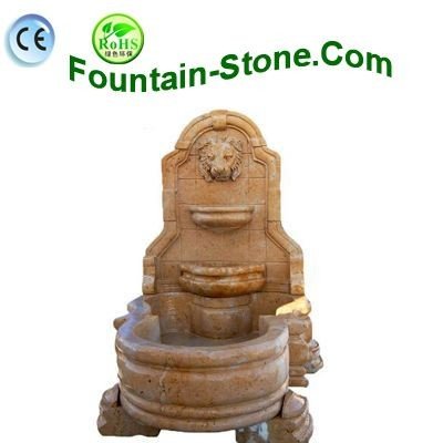 Lion Head Carvings Yellow Marble Wall Fountain For Garden
