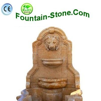 Lion Head Carvings Yellow Marble Wall Fountain For Garden