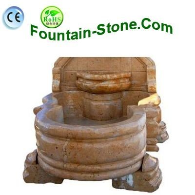 Lion Head Carvings Yellow Marble Wall Fountain For Garden