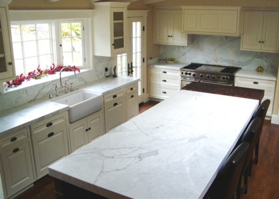 Pure White Glossy Natural Marble Kitchen Island , Honed Marble Countertops