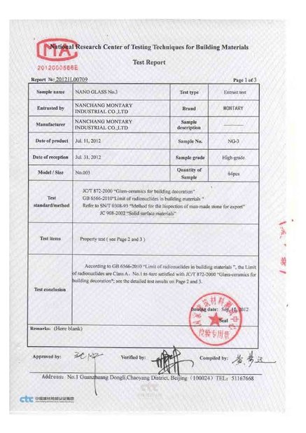 Porcellana Nanchang Montary Industrial Co., Ltd. Certificazioni