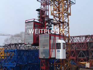 Red Construction Material Hoists Twin Cage , Electric Ladder Lift