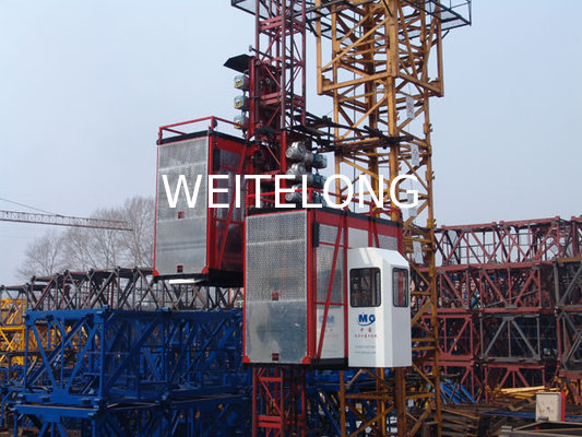 Red Construction Material Hoists Twin Cage , Electric Ladder Lift