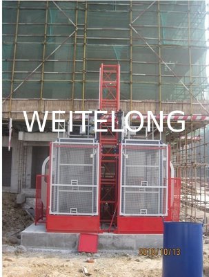 Painted SC200 Yellow Material Construction Twin Cage Hoist 3.2 x 1.5 x 2.5m