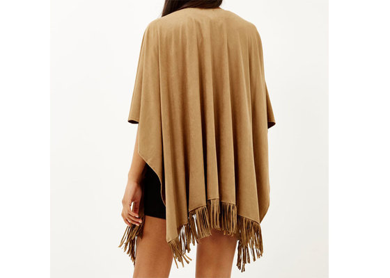 Brown Faux Suede Ladies Fashion Coats , Lavish Tassel Fringing Cape With Kimono