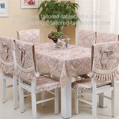 Cotton tablecloth with lace border and quilted chair cover with faux suede lining,