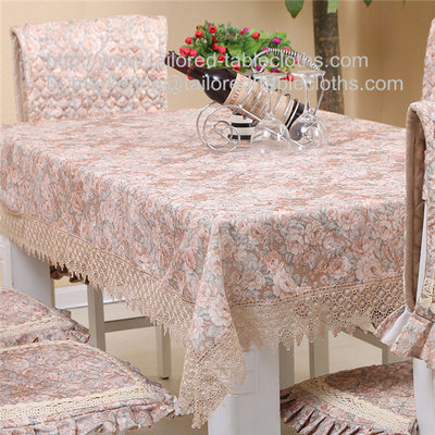 Cotton tablecloth with lace border and quilted chair cover with faux suede lining,