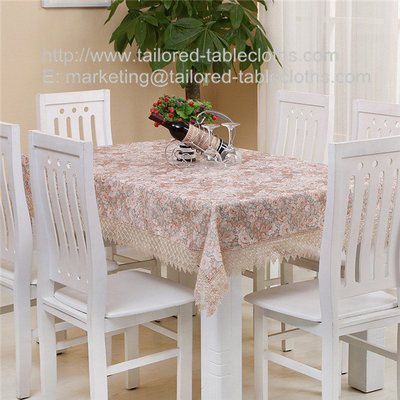 Cotton tablecloth with lace border and quilted chair cover with faux suede lining,