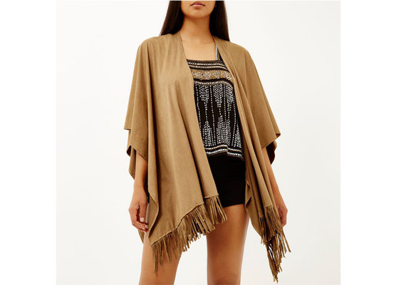 Ladies Fashion Brown Faux Suede Coats Lavish Tassel Fringing